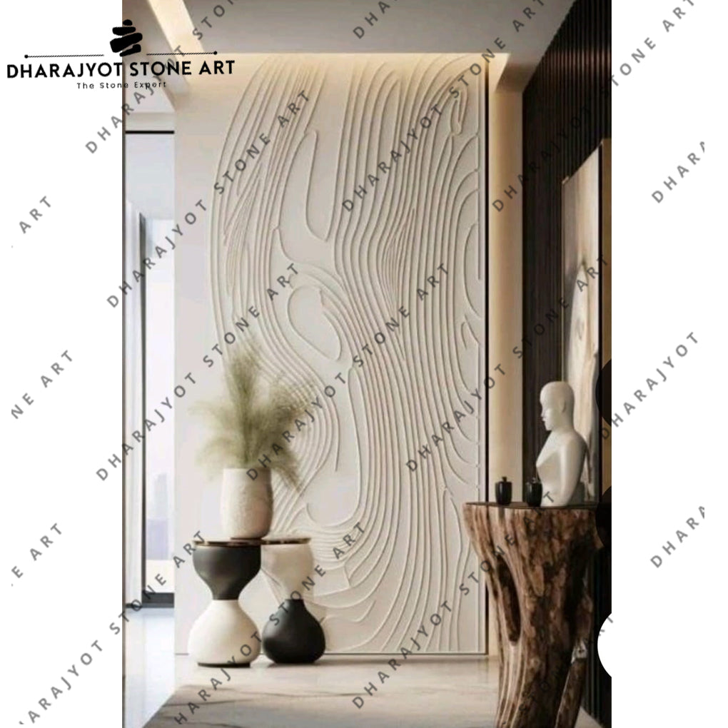 Modern 3D Flow Line Design White Stone Wall Mural – Dharajyot Stone Art