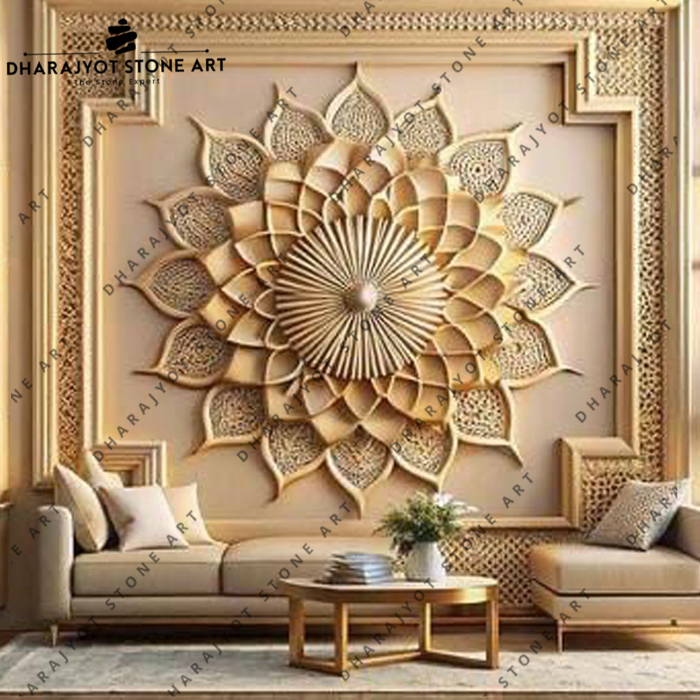 Luxury 3D Hand-Carved Lotus Stone Wall Mural – Dharajyot Stone Art
